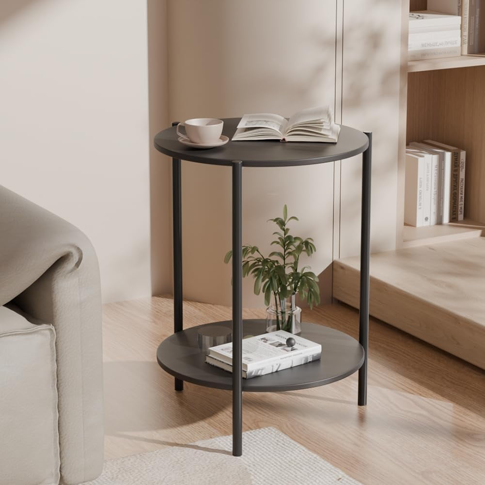 Small Side Table, Round End Table with 2-Layer Storage Rack, 15.7 ...