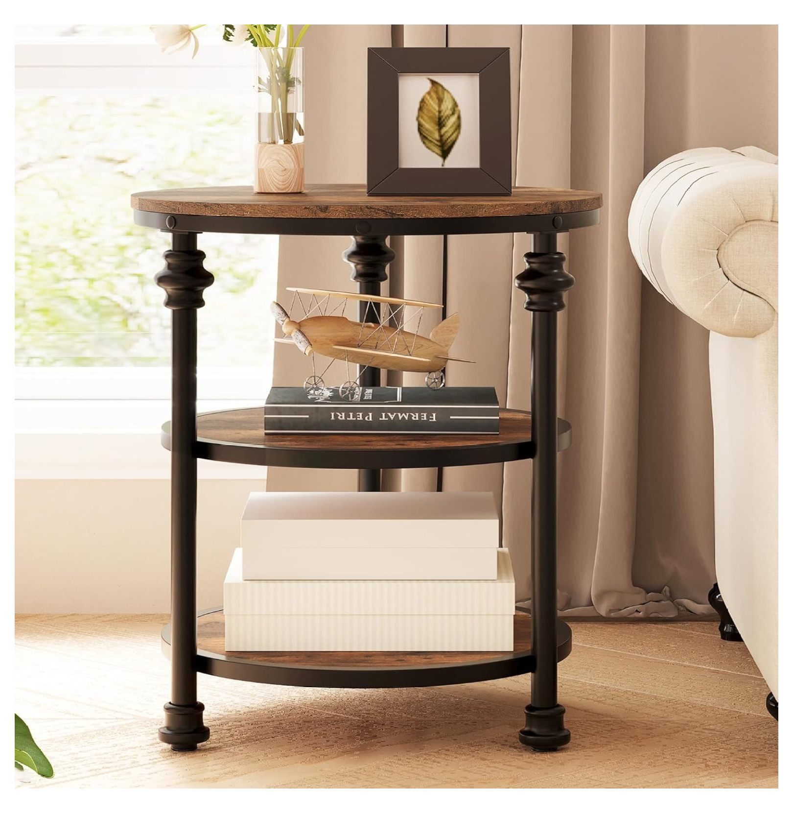 Small Side Table, Round End Table with 3 Shelves for Living Room ...