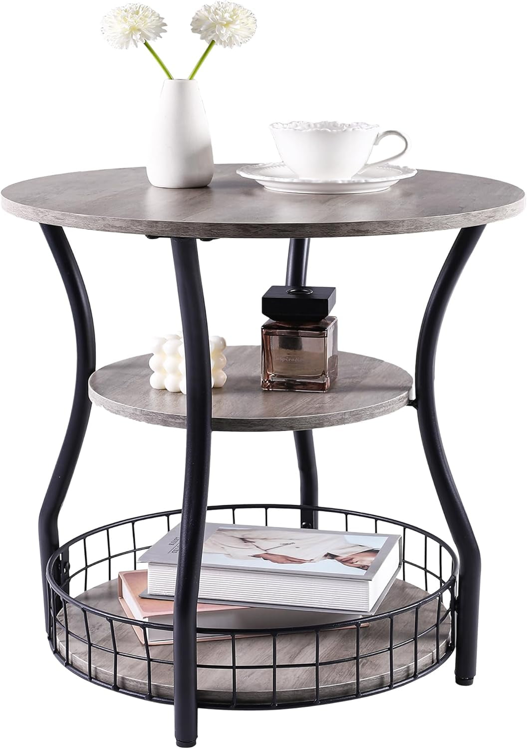 VYIBNOIM Small Side Table Round End Table with Storage Shelves Basket 3 ...