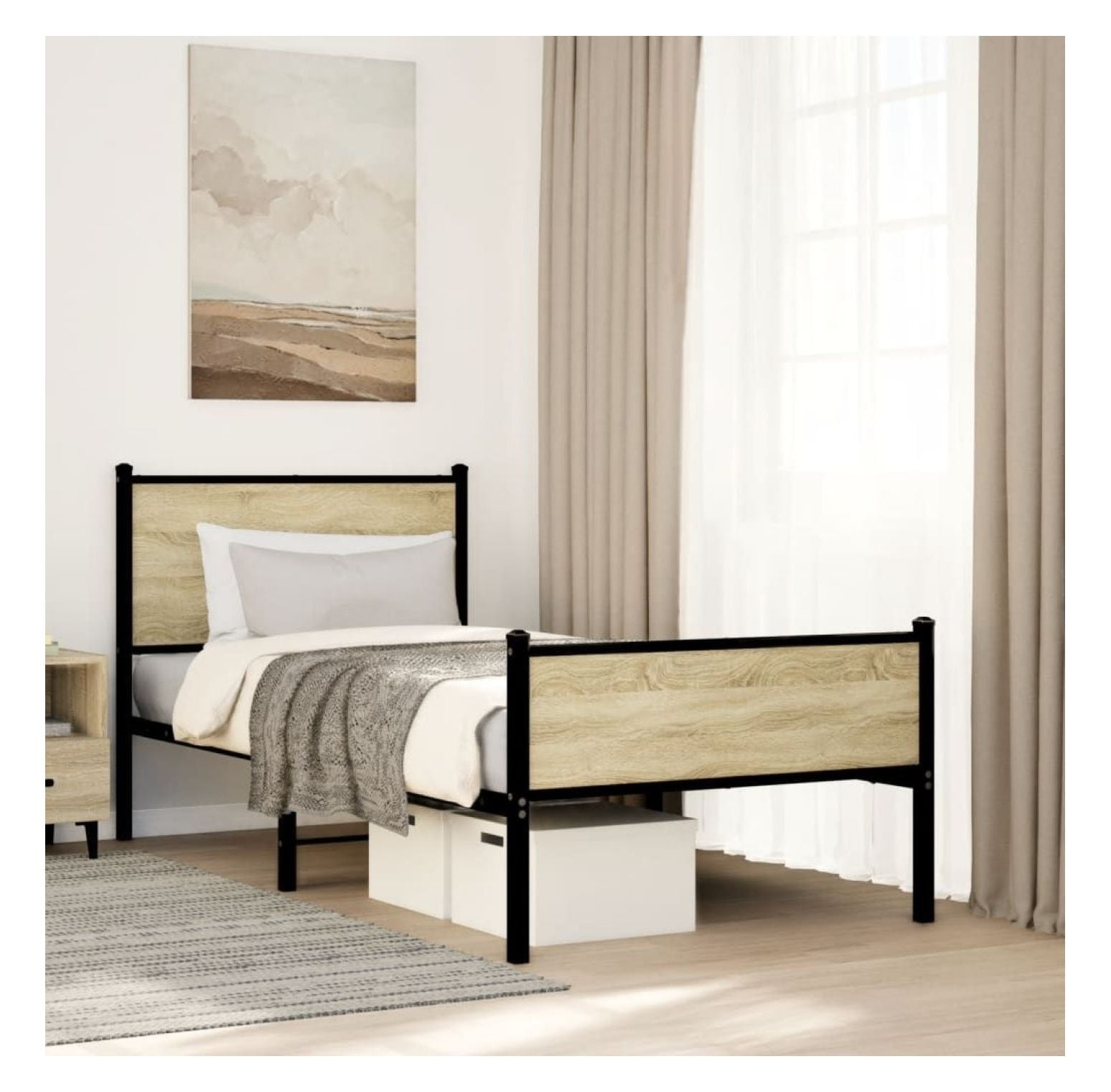 Small Single Bed Frame Sonoma Oak Steel, Metal Bed with Storage, Guest ...