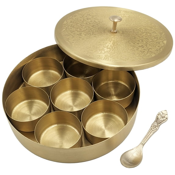 Small Size Brass (Gold Color, Floral Pattern) Round Masala Dabba Box ...