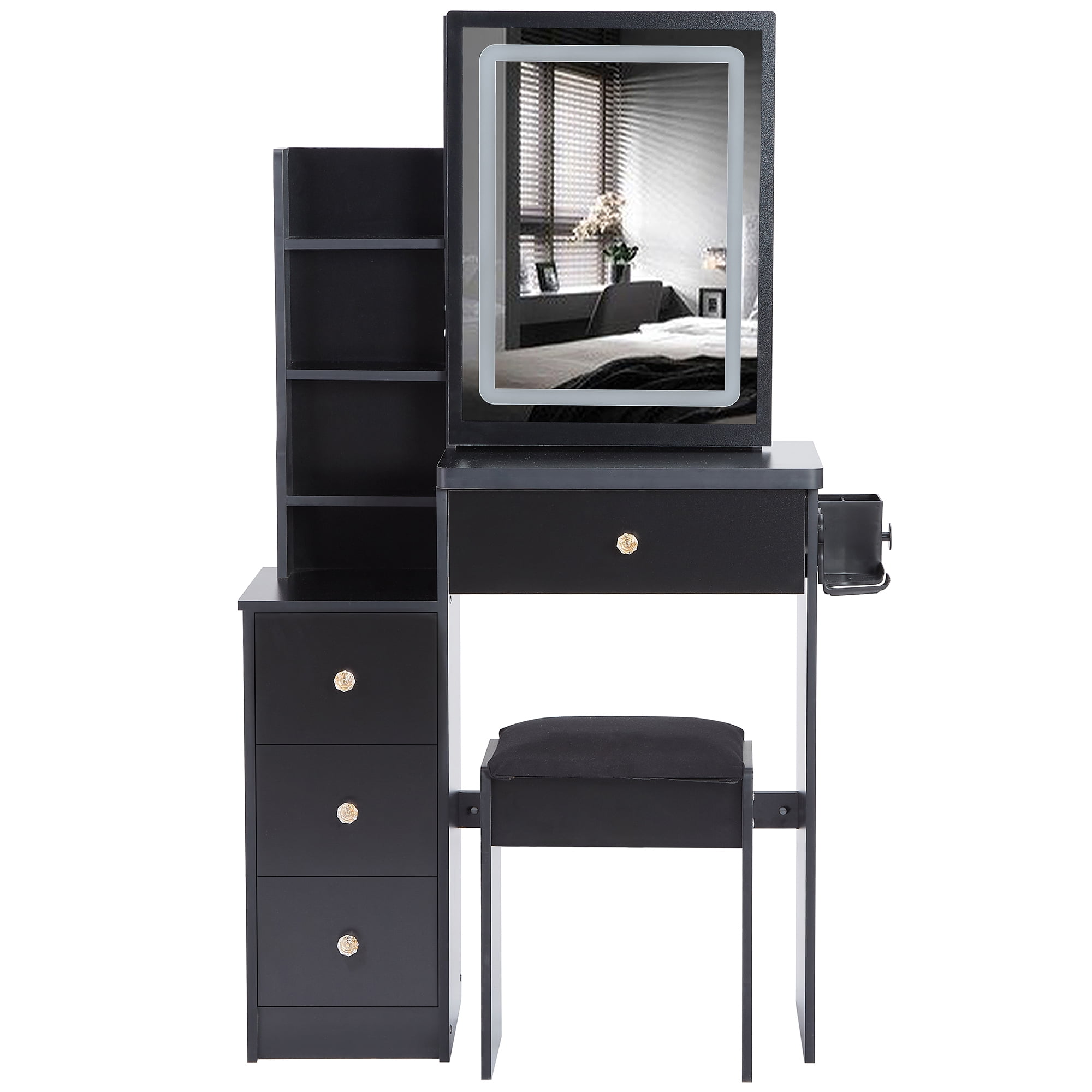 Small Size Left Bedside Cabinet Vanity Table With Cushioned Stool, 2 AC ...