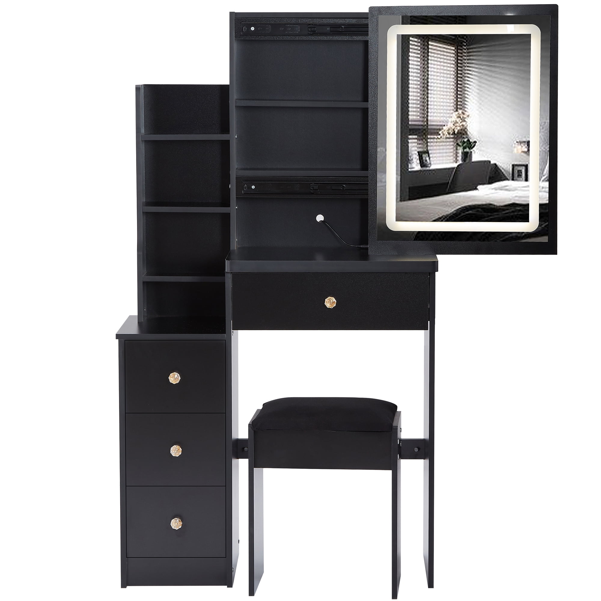 Small Size Left Bedside Cabinet Vanity Table + Cushioned Stool, Touch ...