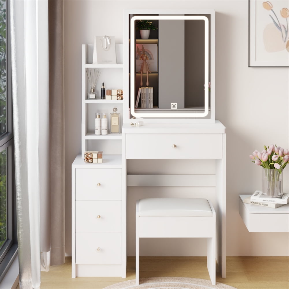 Small Size Left Bedside Cabinet Vanity Table with Cushioned Stool Touch ...