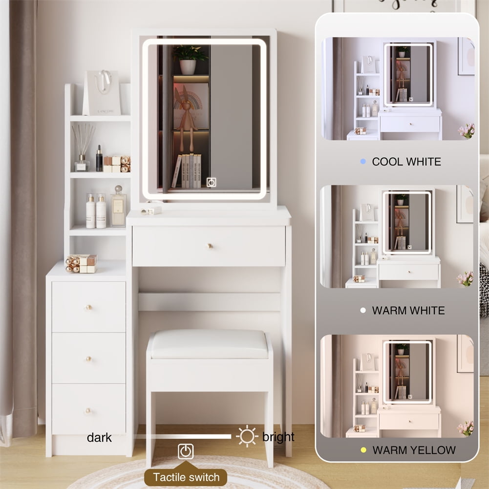 Small Size Left Bedside Cabinet Vanity Table with Stool, Touch Control ...