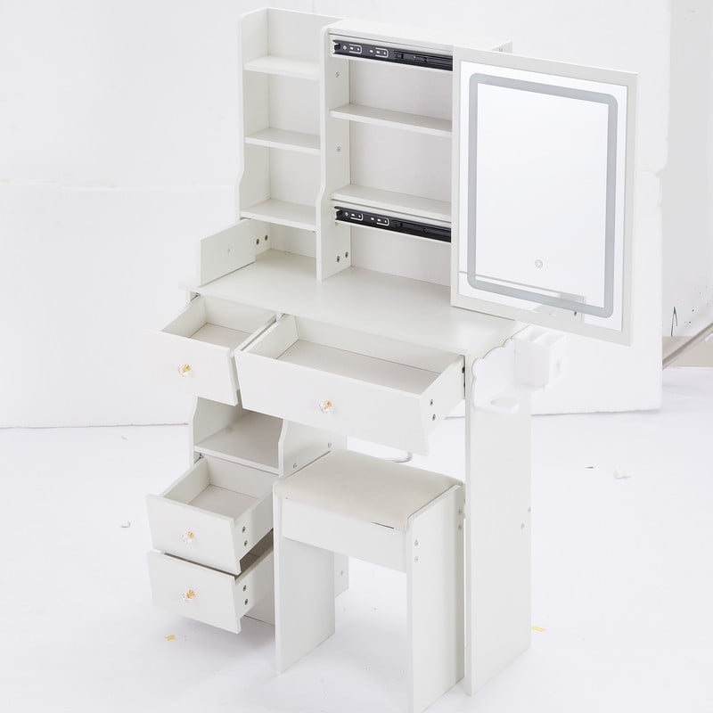 Small Size Left Drawer Desktop Vanity Table + Cushioned Stool, 2 AC+2 ...