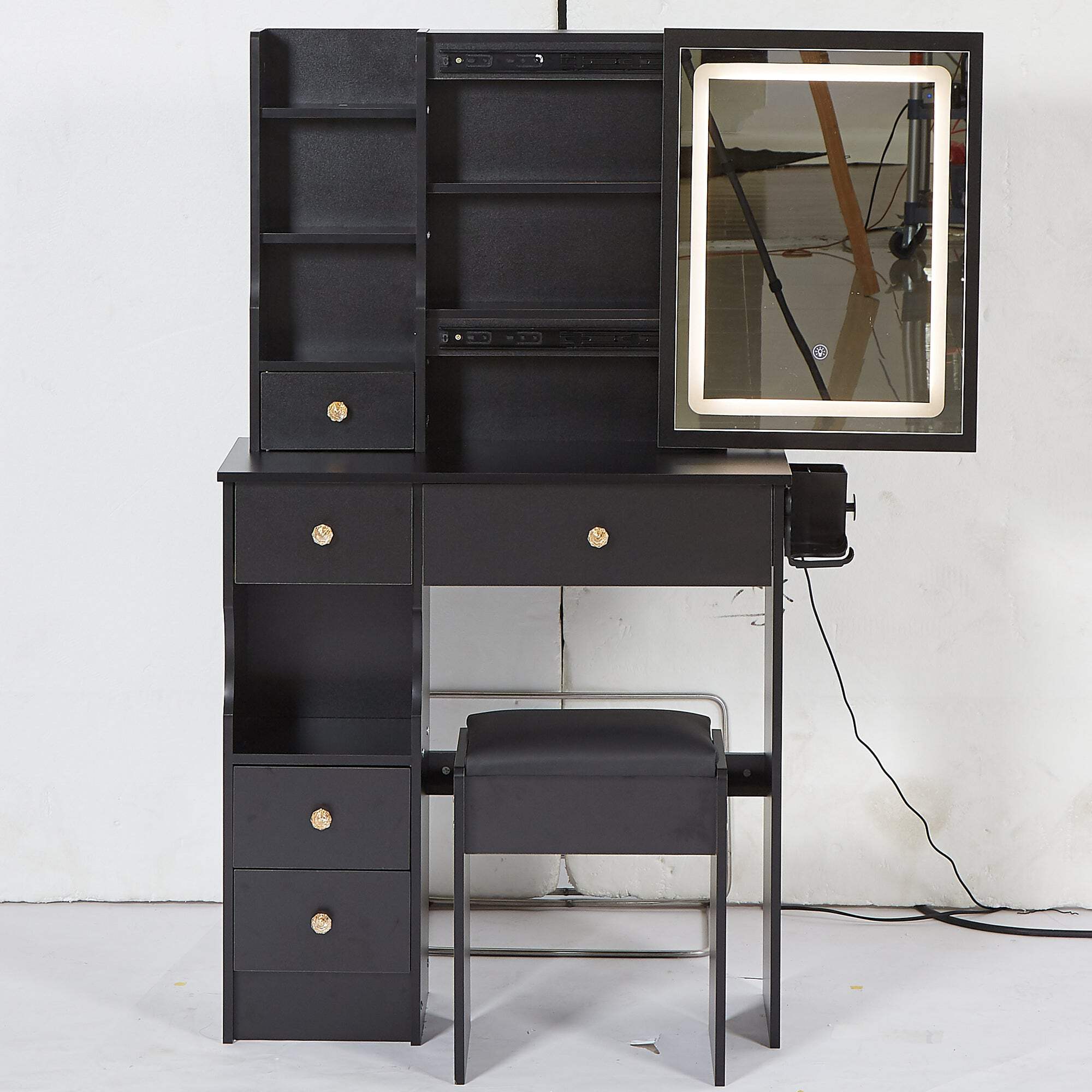 Small Size Left Drawer Desktop Vanity Table Cushioned Stool, 2 Ac 2 Usb ...