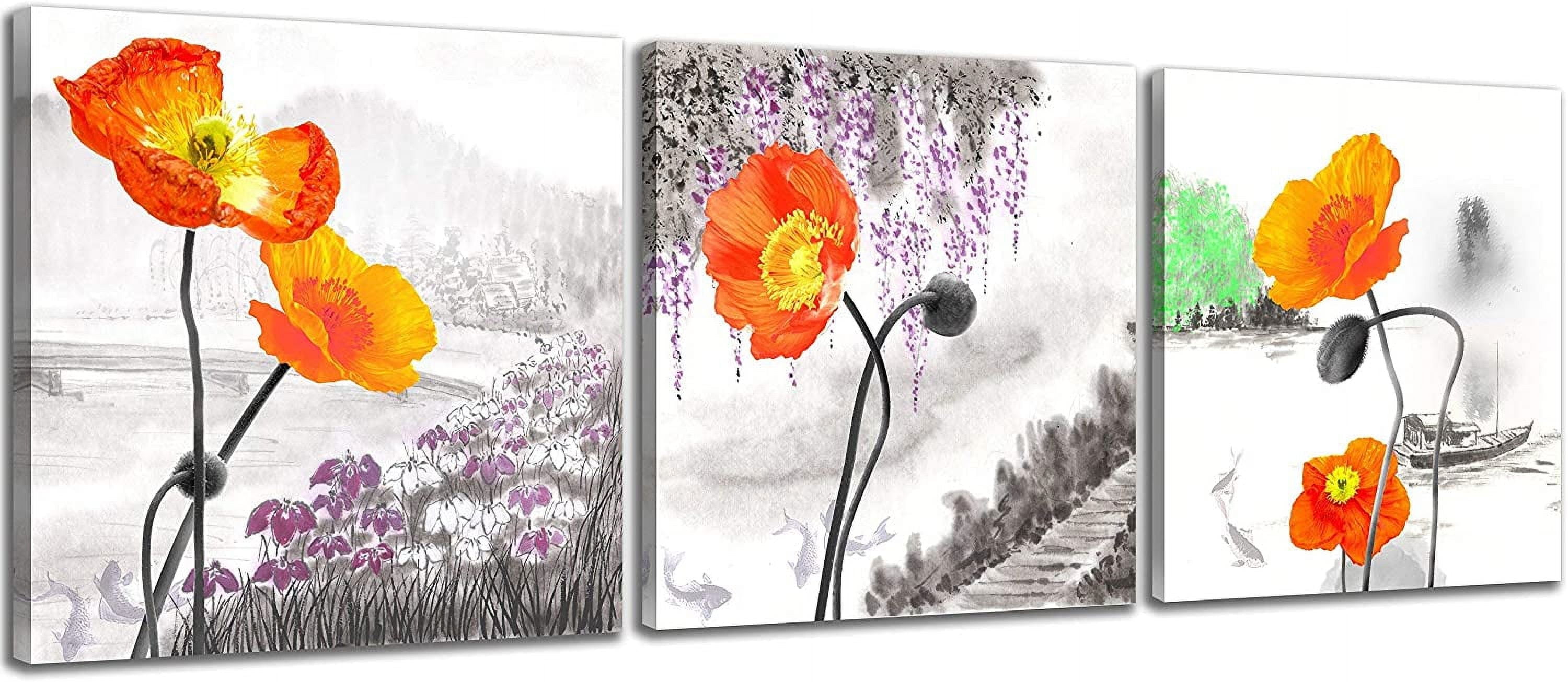 Small Size Poppy Flowers Canvas Prints 3 Panels Wood Framed Orange ...