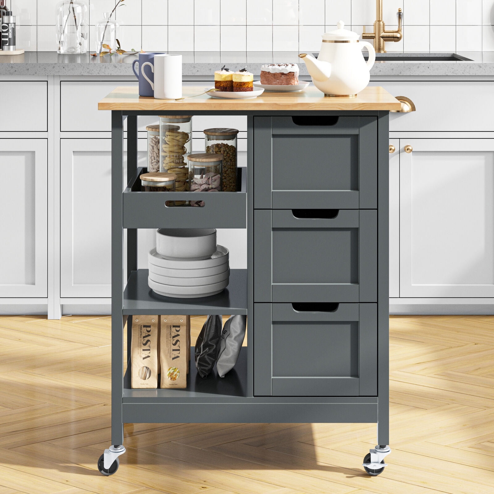Small Solid Wood Top Kitchen Island Cart on Wheels with Storage ...