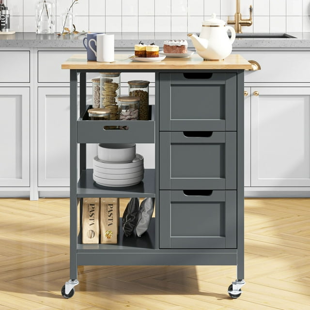 Small Solid Wood Top Kitchen Island Cart on Wheels with Storage ...