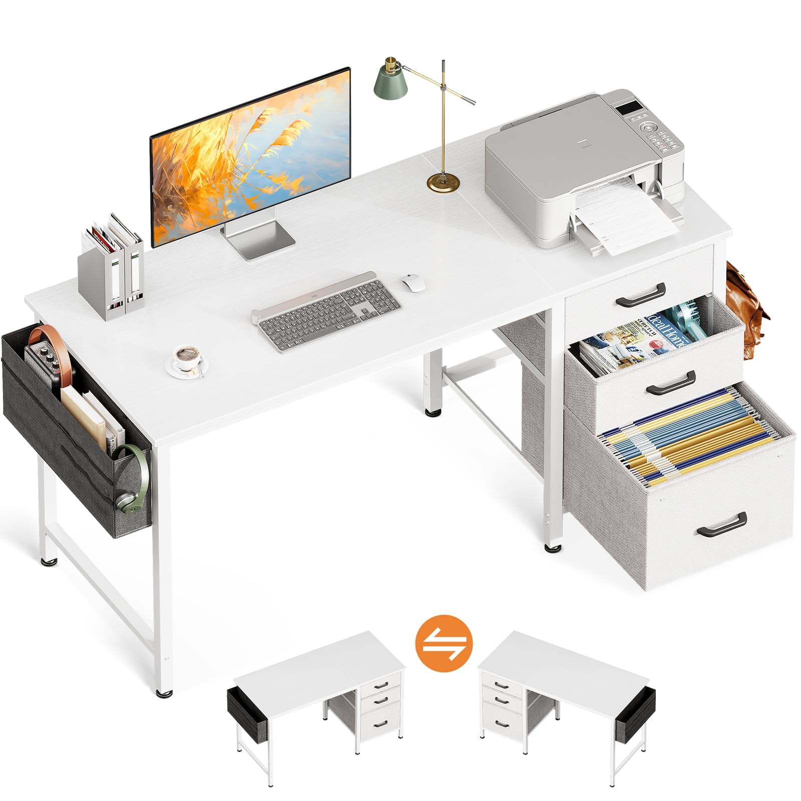 Small Space 48-Inch Study Desk with Fabric Storage Drawers & File ...