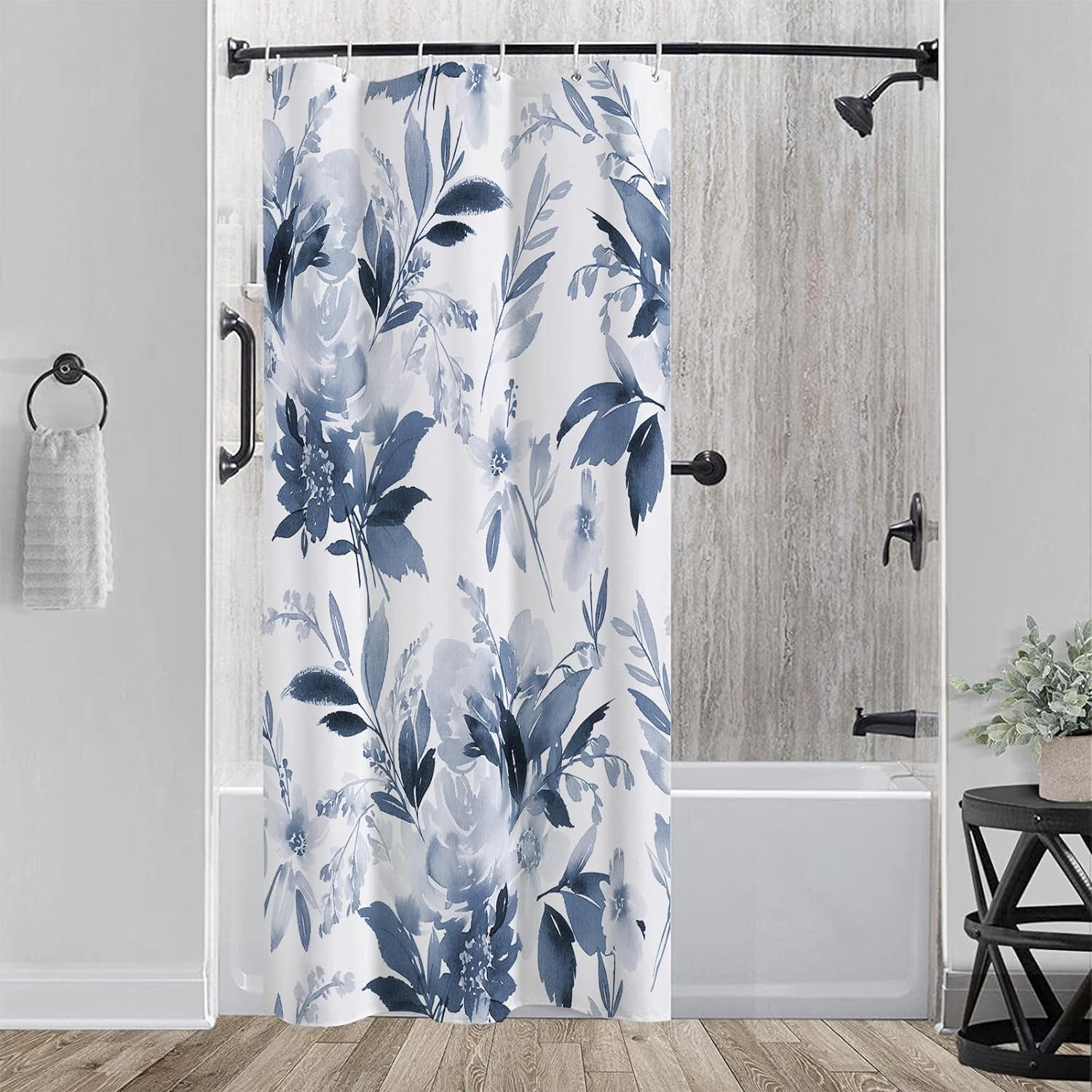 Small Stall 36"x72" Blue and White Floral Shower Curtain Set with Hooks ...