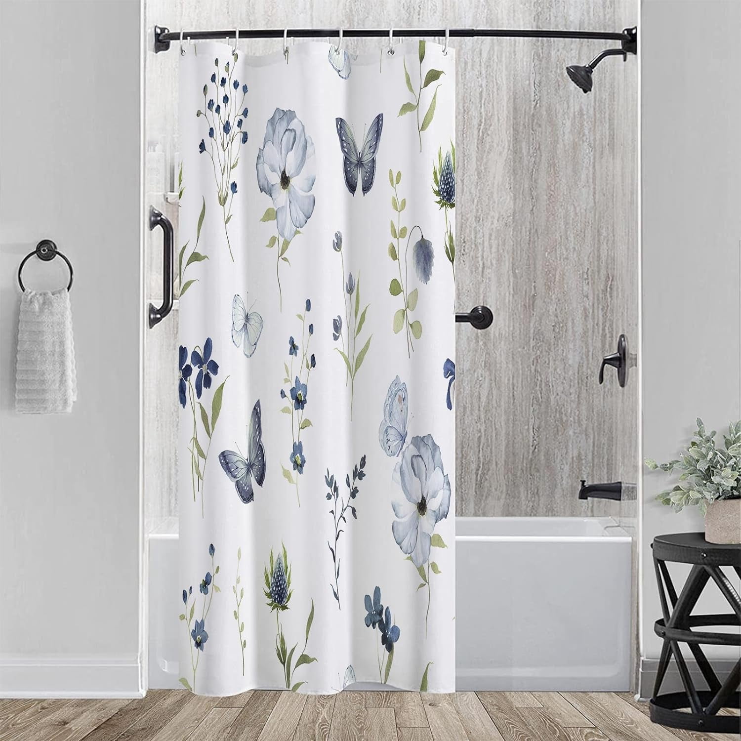Small Stall 36"x72" Green Blue Floral Shower Curtain Set with Hooks ...