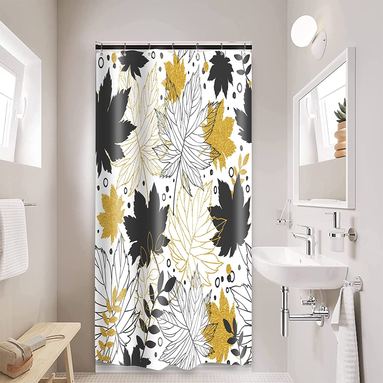 Small Stall 36"x72" Modern Abstract Leaf Shower Curtain Gold Grey ...