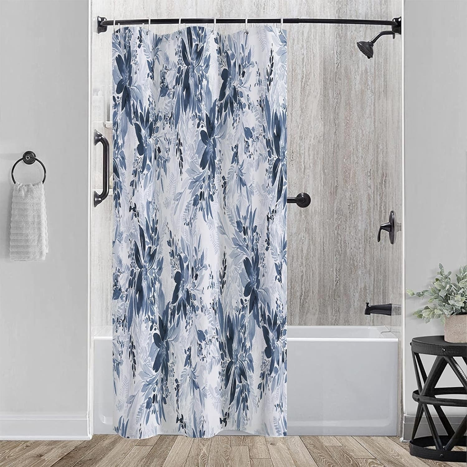 Small Stall 36"x72" Navy Blue Floral Shower Curtain Set with Hooks ...