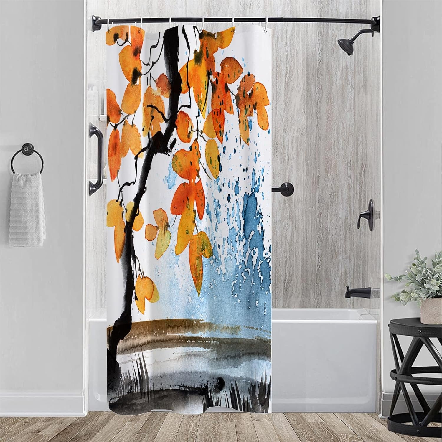 Small Stall 36"x72" Watercolor Ink Tree Leaves Branch Shower Curtain ...
