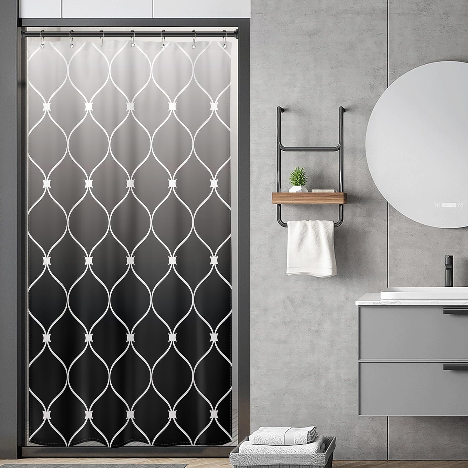 Small Stall Black White Shower Curtain Ombre Geometric Rv Narrow