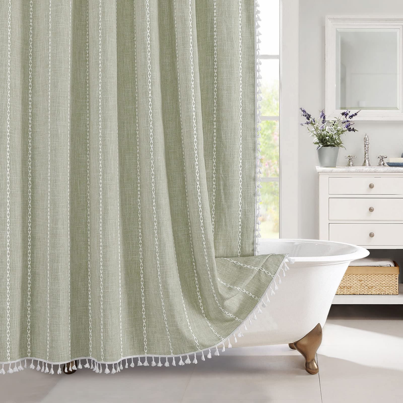 Molende Small Stall 36x72 Boho Shower Curtain, Cotton Linen, Sage Green ...