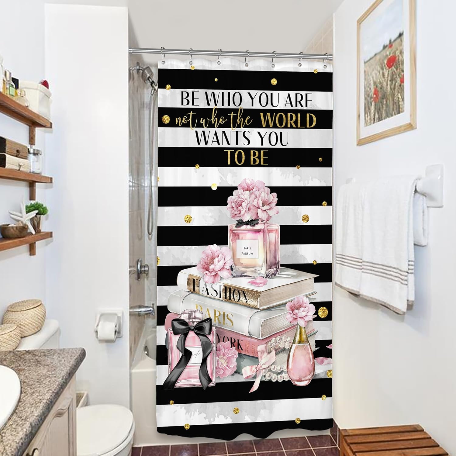 Small Stall Fashion Shower Curtain 36Wx72H Inch Black White Stripe Pink ...