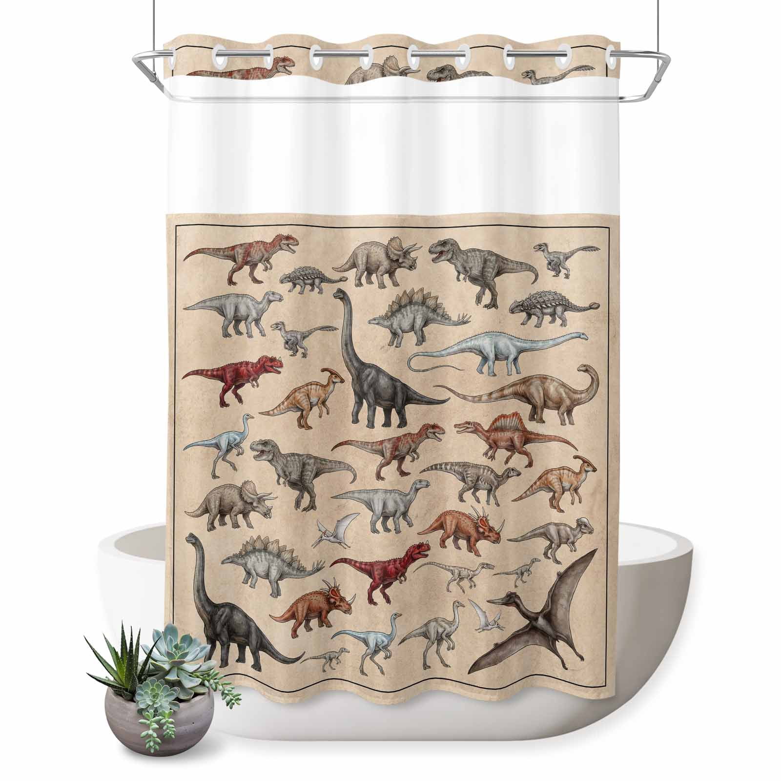Small Stall No Hook Shower Curtains Retro Dinosaurs Waterproof Fabric ...