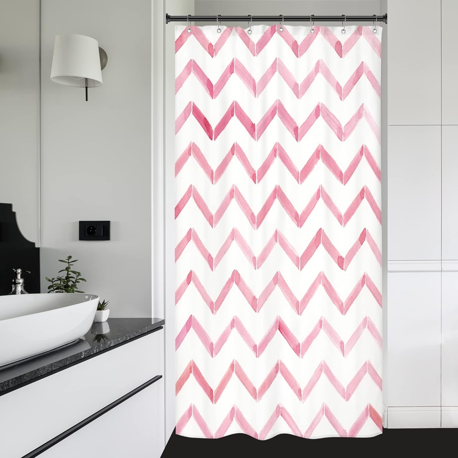 Small Stall Pink Boho Shower Curtain Chevron Herringbone Modern Striped ...