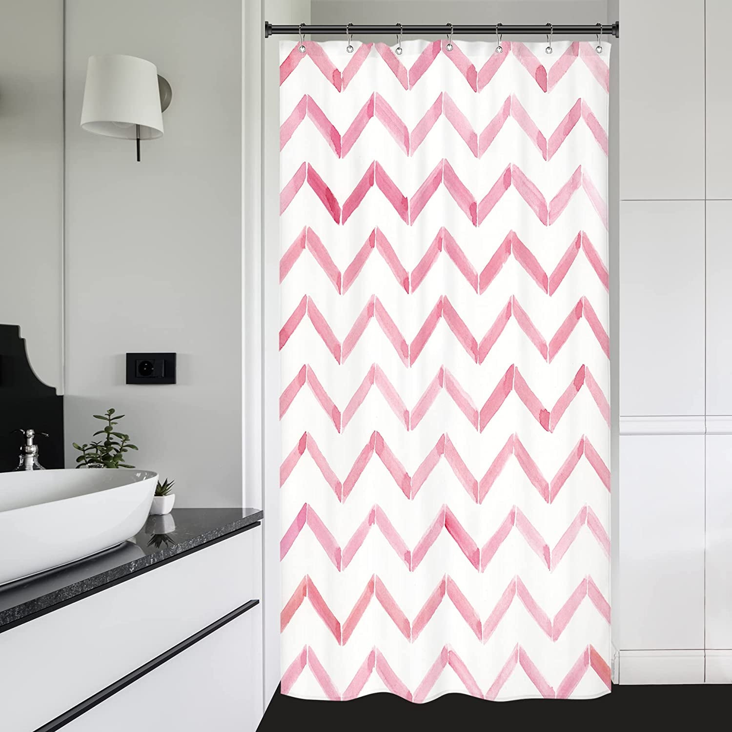Small Stall Pink Boho Shower Curtain Chevron Herringbone Modern Striped Geometric Simple ...