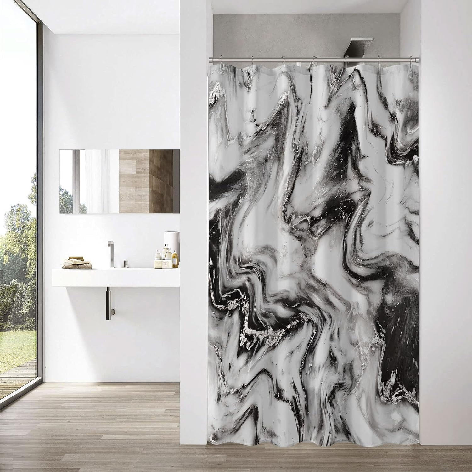 Small Stall Shower Curtain 36 x 72, Black White Marble Half Size Shower Curtain, Modern Abstract ...