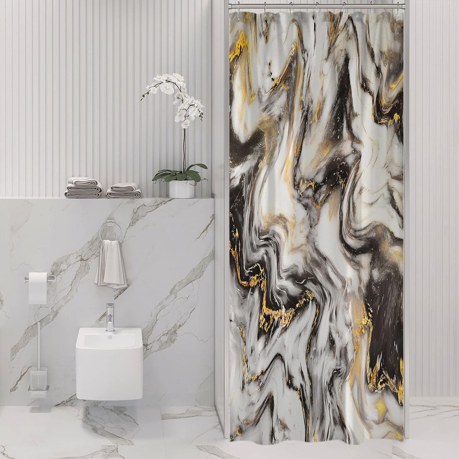 Small Stall Shower Curtain 36 x 72, Half Narrow Abstract Black Gold ...