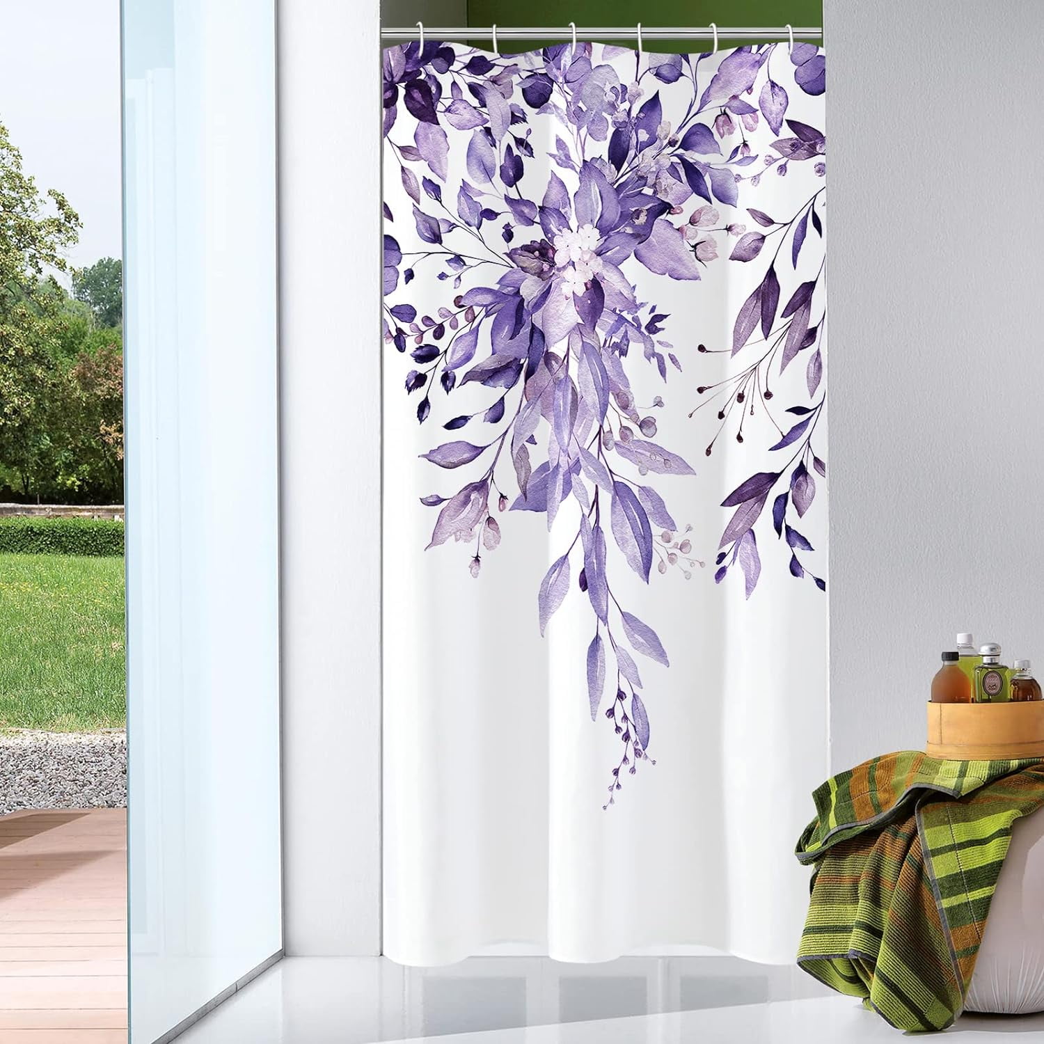 Small Stall Shower Curtain 36 x 72, Narrow Purple Floral Shower Curtain ...