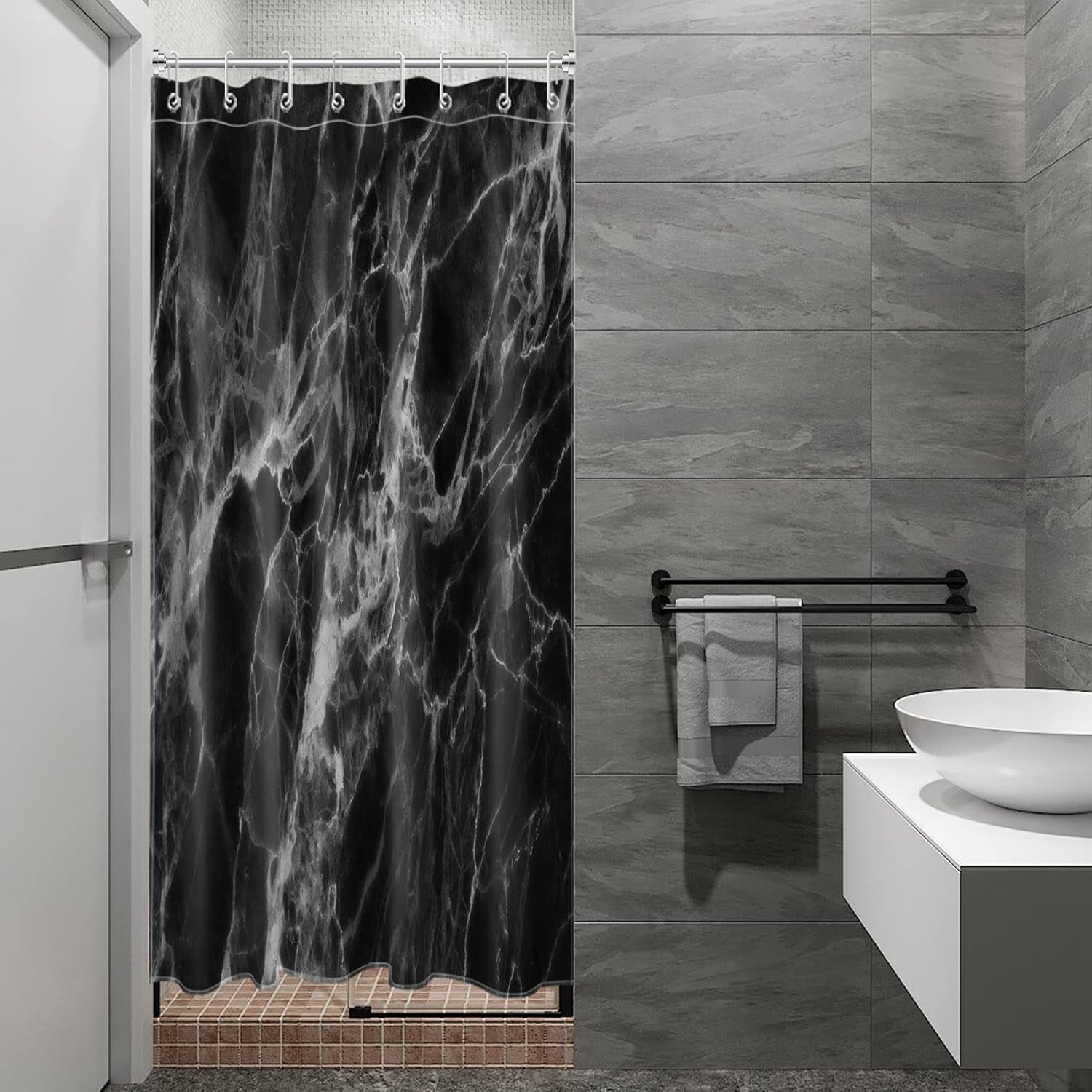 Small Stall Shower Curtain 36 x 72 inch, Black and Grey Marble Half ...
