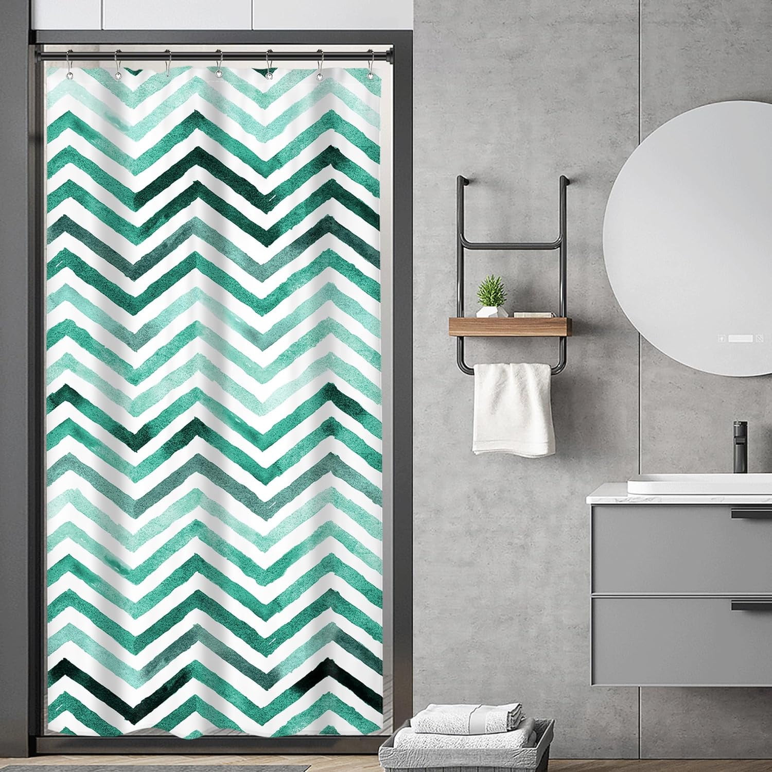 Small Stall Teal Black Shower Curtain Boho Bohemian Ombre Chevron ...