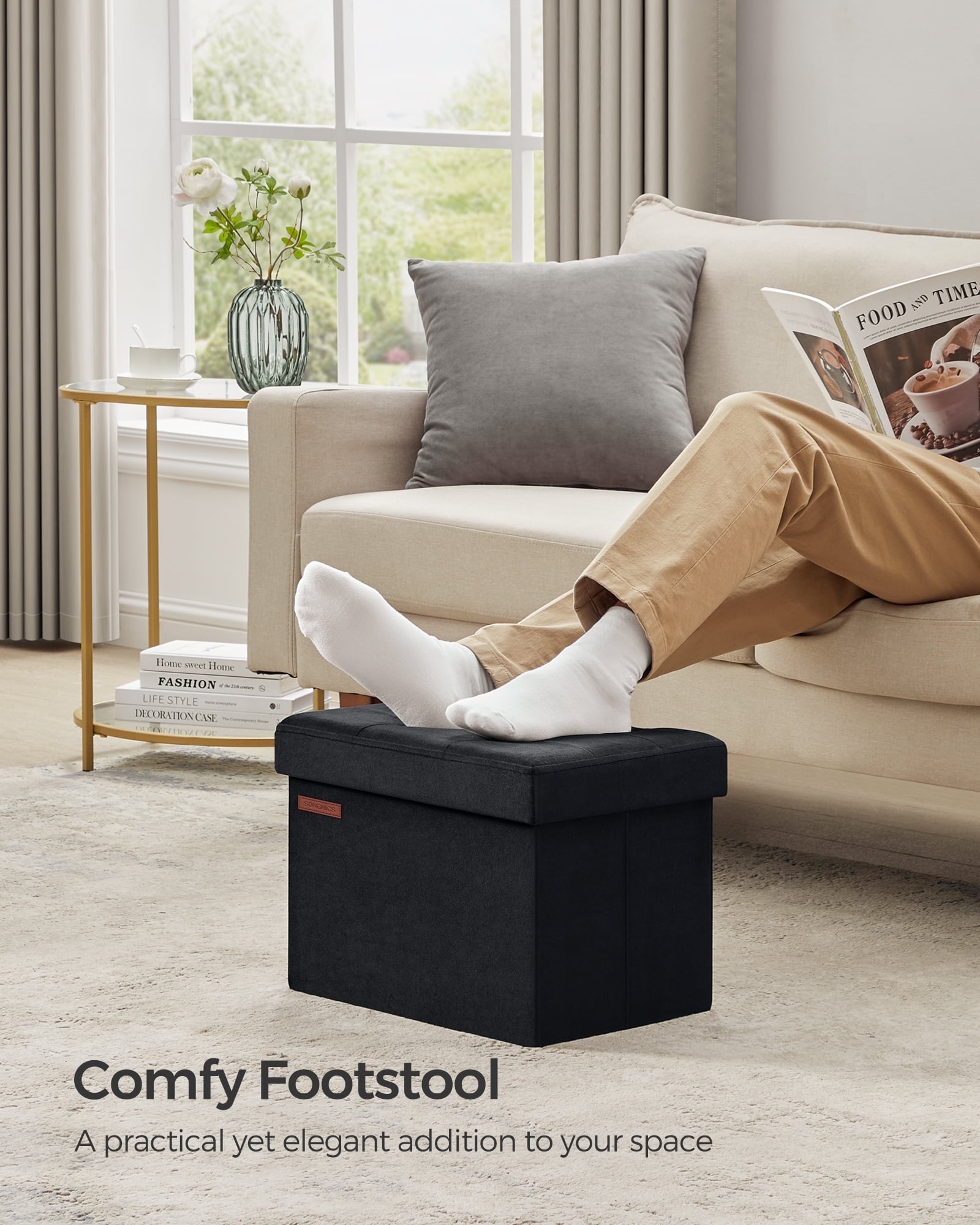 SONGMICS Small Storage Ottoman, Foldable Velvet Storage Box, Storage ...
