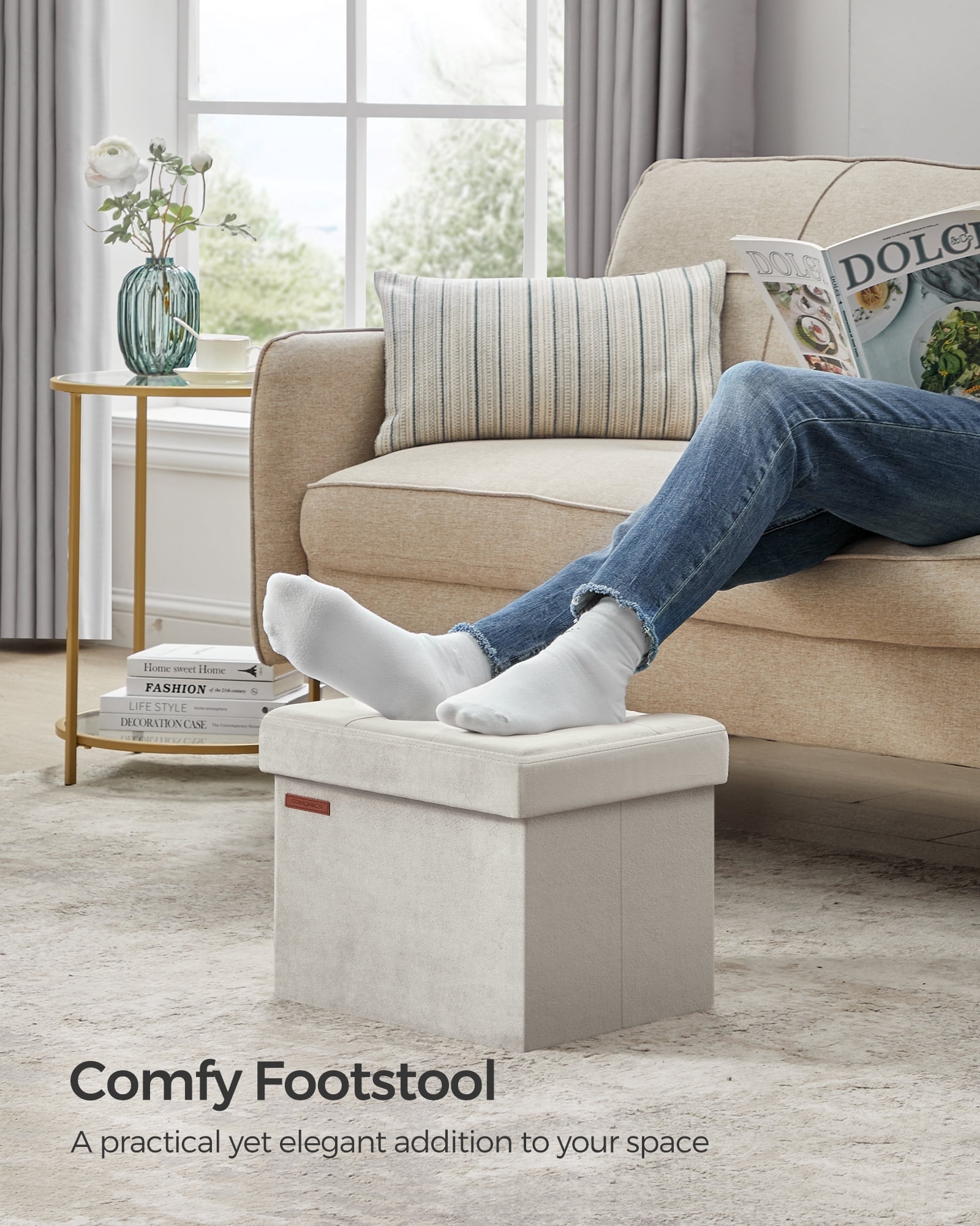 SONGMICS Small Storage Ottoman Foldable Velvet Storage Box Storage ...
