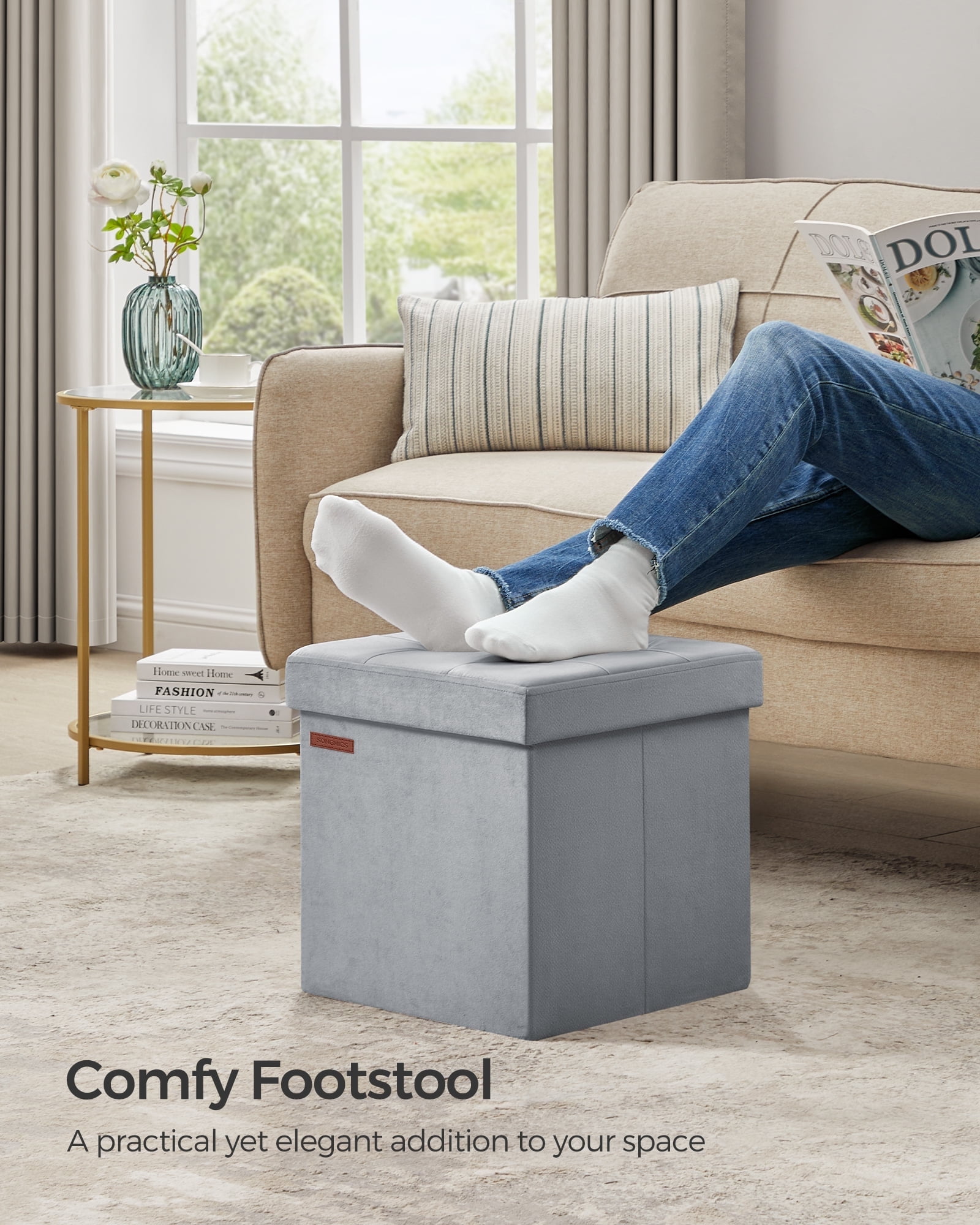 SONGMICS Small Storage Ottoman, Foldable Velvet Storage Box, Storage ...