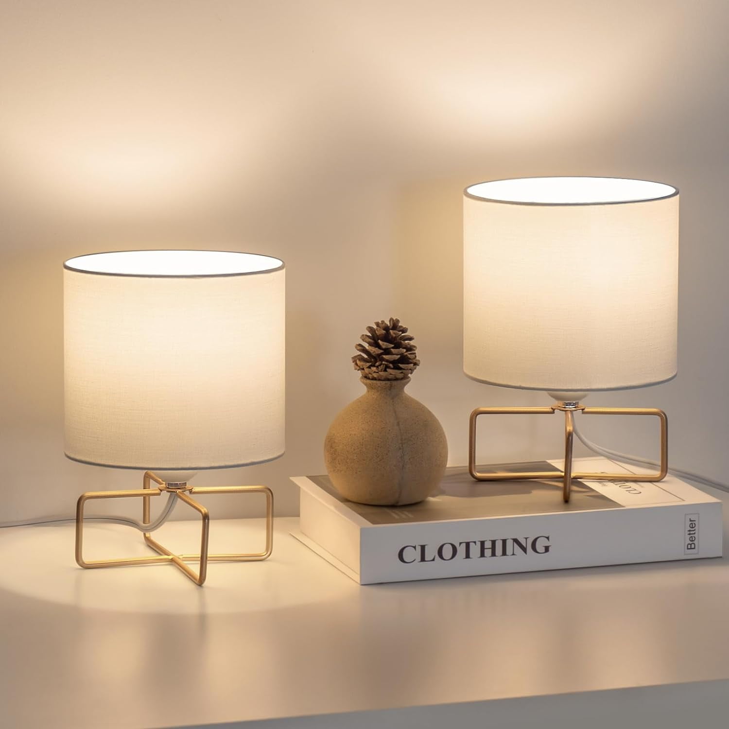 Set of 2 Mini Bedside Lamps with Round Fabric Shade and Metal Base ...
