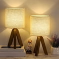 Small Table Nightstand Lamp with Wooden Tripod Base, Linen Shade, Set ...