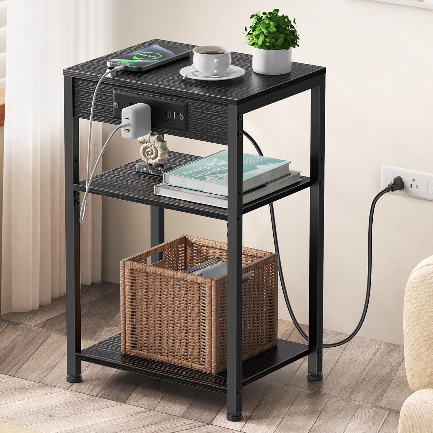 Small Table Stand with Fast Charging Station and Adjustable Shelf, End ...