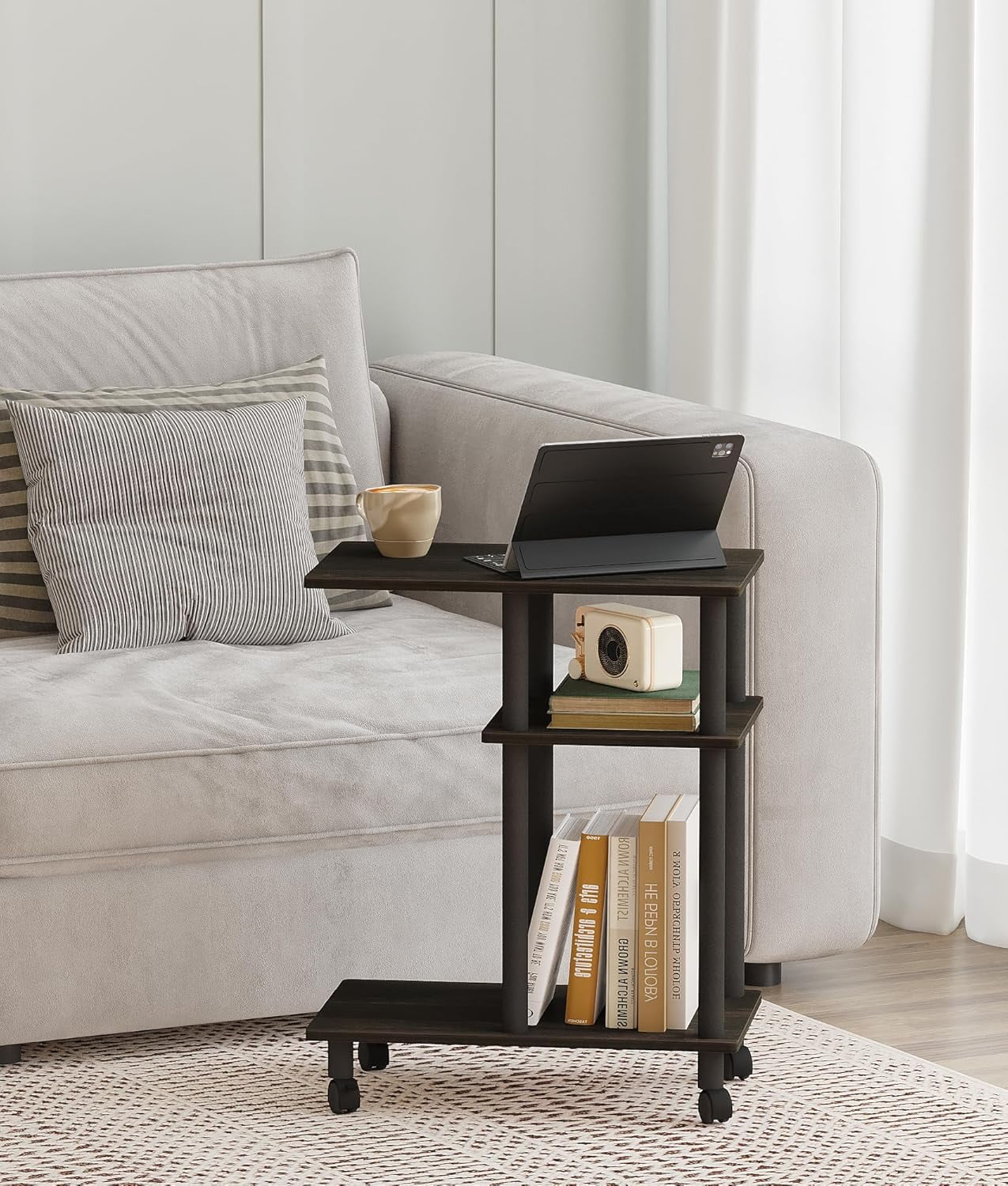 Small Table with Wheels, C Shaped Laptop Side Table with Storage Sofa ...