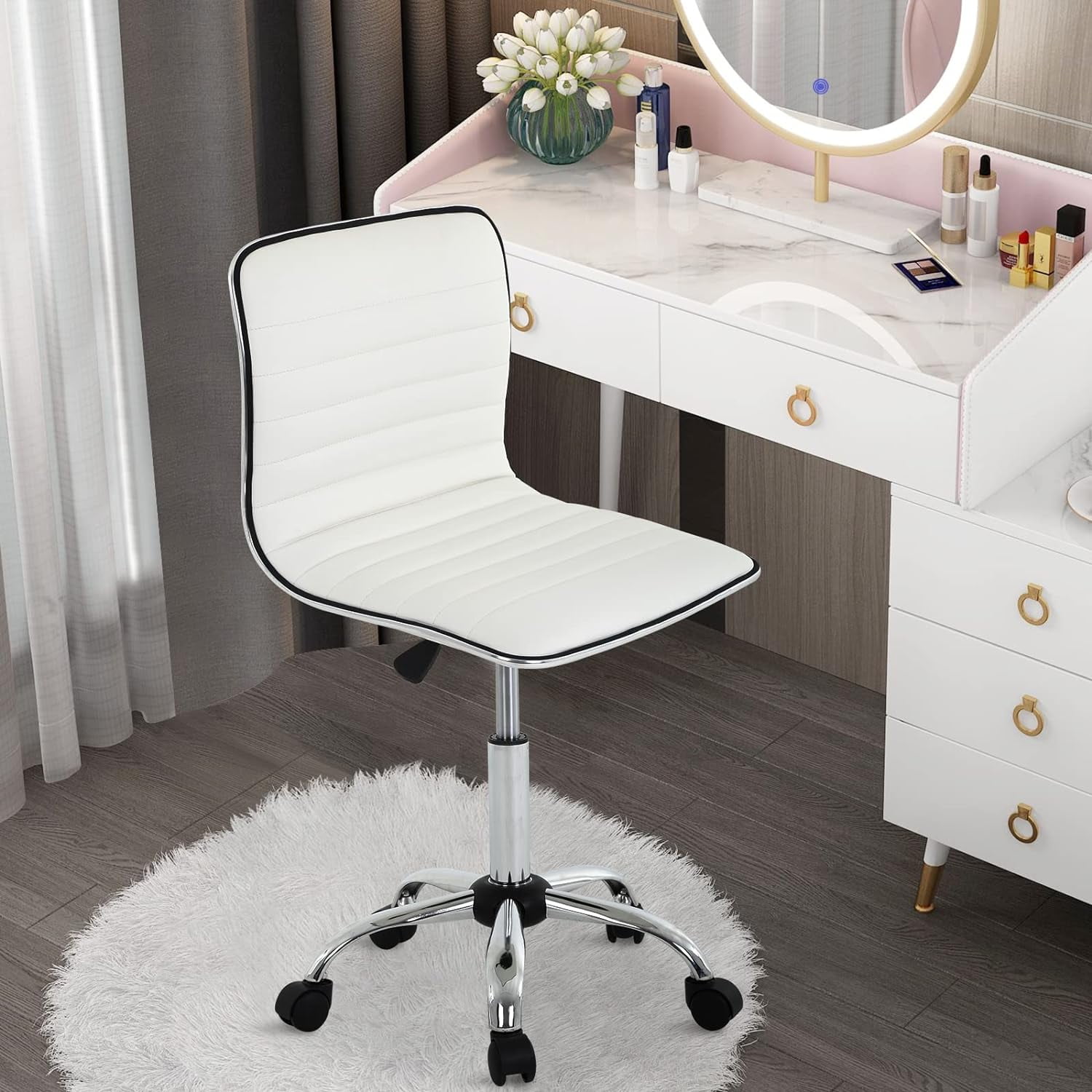 Small Task Chair for Women, Low Back Armless PU Leather Ribbed Computer ...