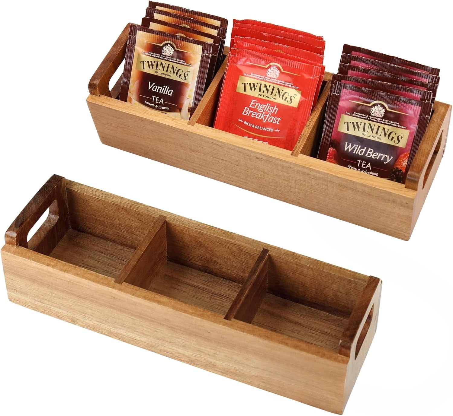 Small Tea Bag Box Wooden, 3 Compartments Acacia Wood Tea Bag Chest with ...