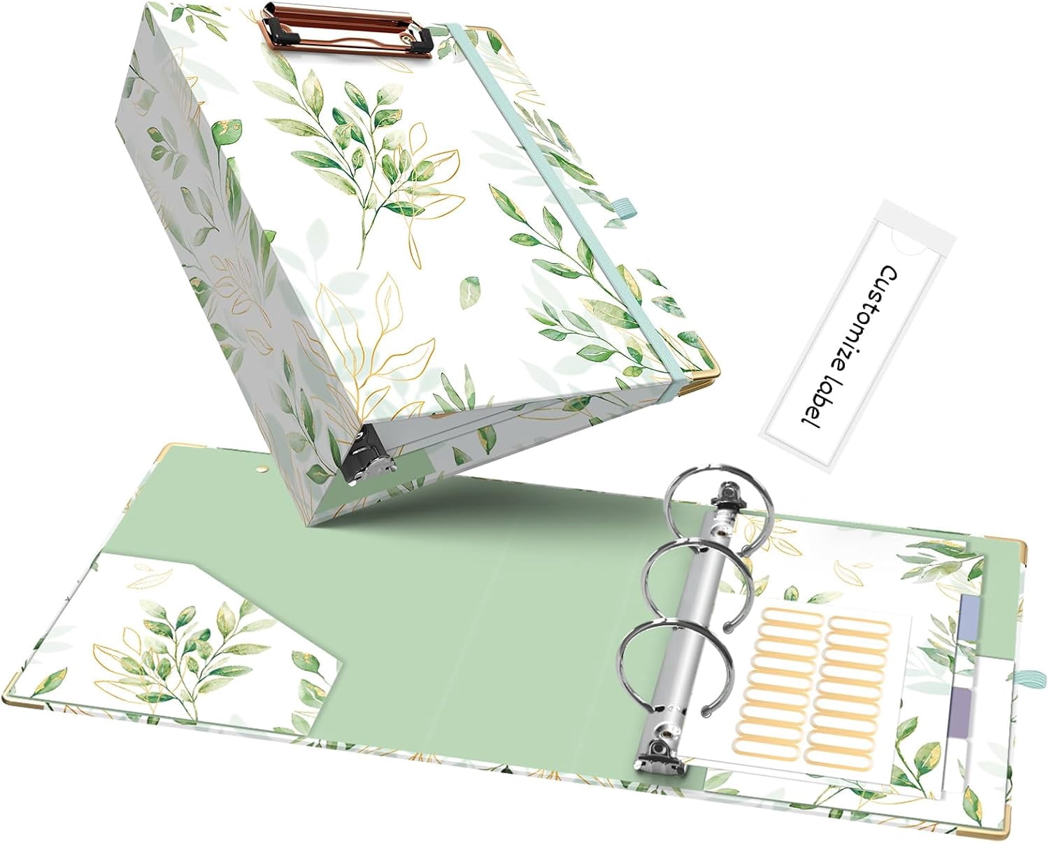 Small Three Ring Binder 2 Inch, Green Floral Round Ring Clipboard ...