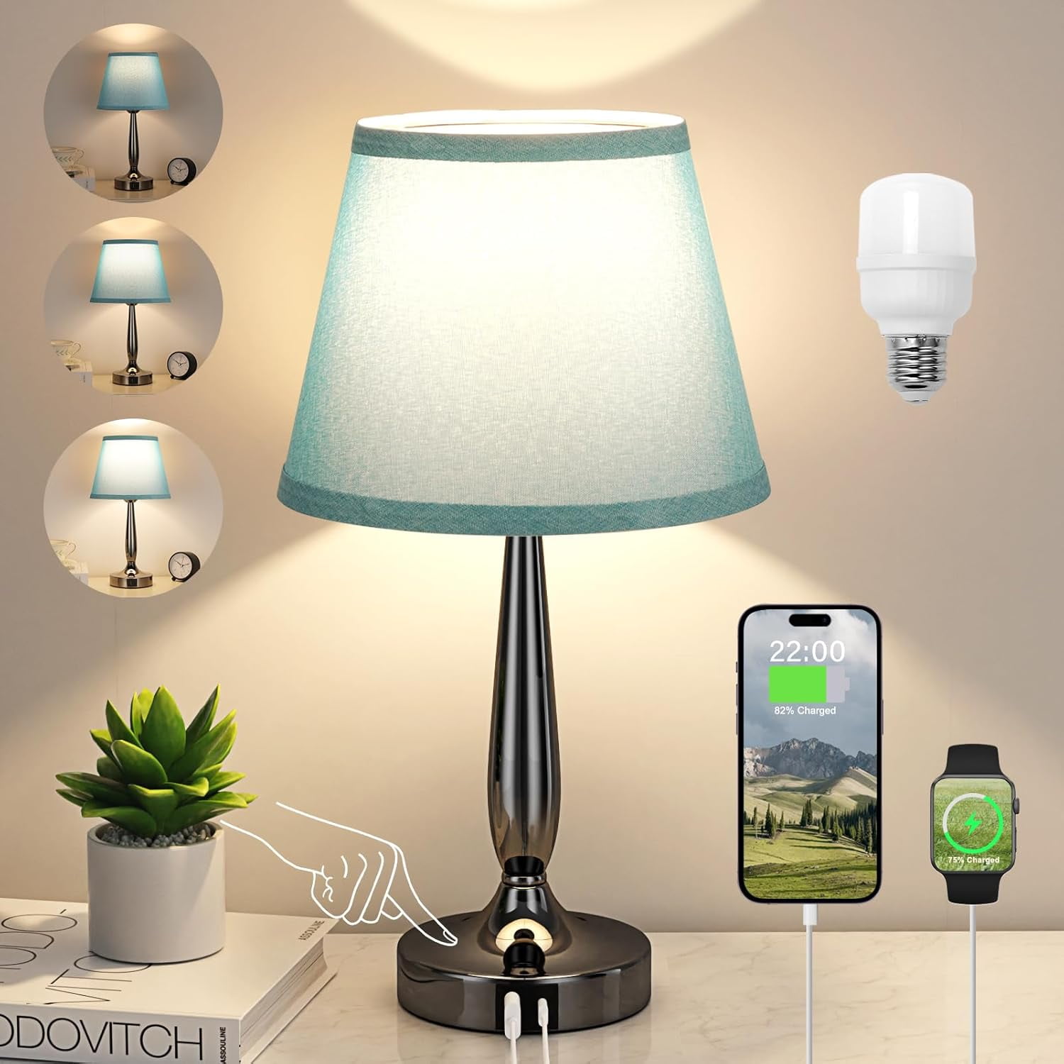 Small Touch Table Lamp for Bedroom with USB C Port, 3 Way Dimmable ...