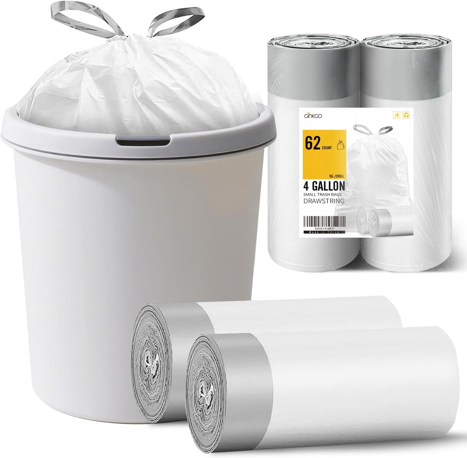 Small Trash Bags Drawstring, 62 Count 4 Gallon Garbage Bags, Unscented ...