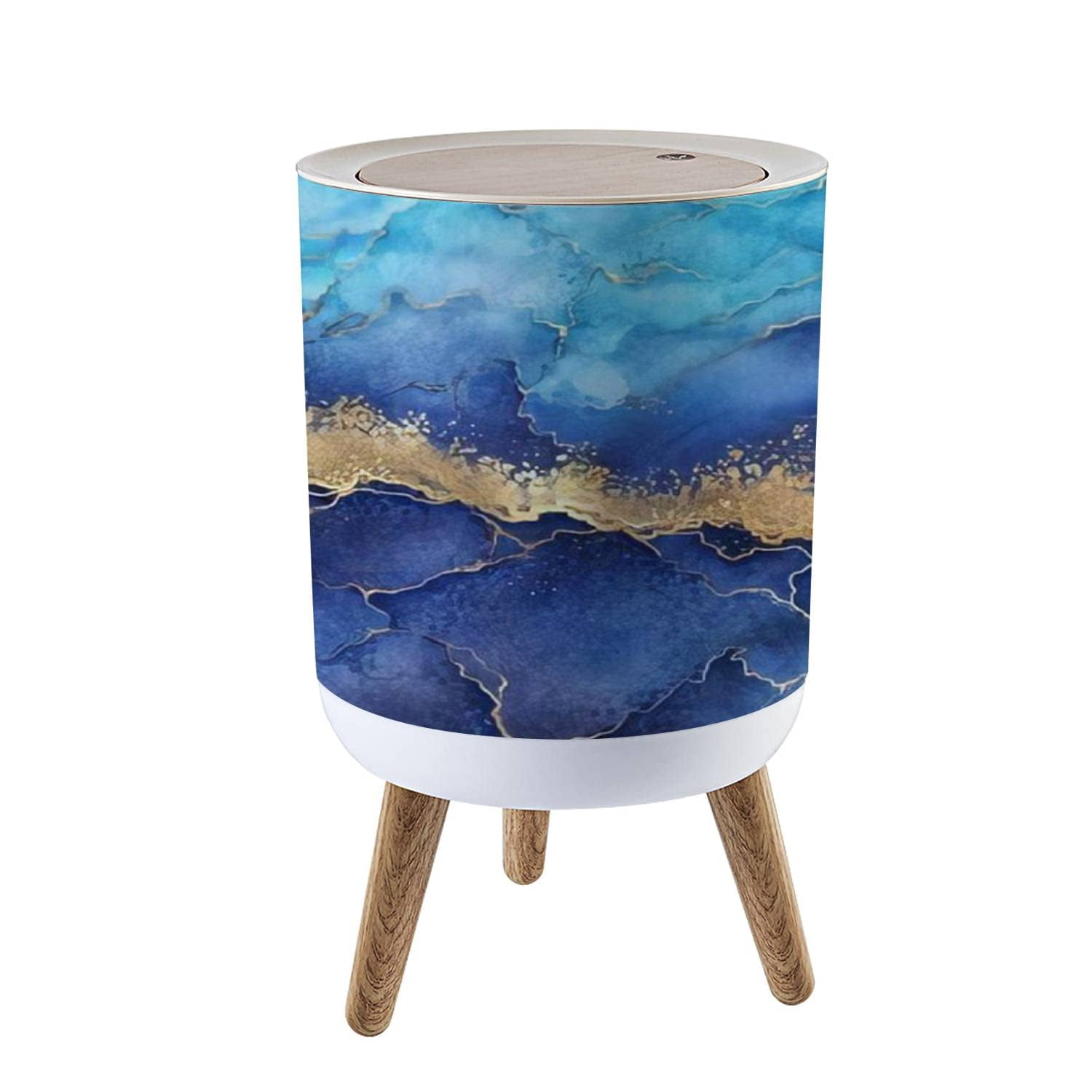 Small Trash Can with Lid Abstract Blue Marble Background Golden Veins ...