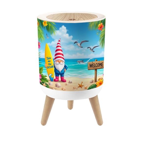 Small Trash Can with Lid Beach Gnome Surfboard Welcome Sign Tropical ...