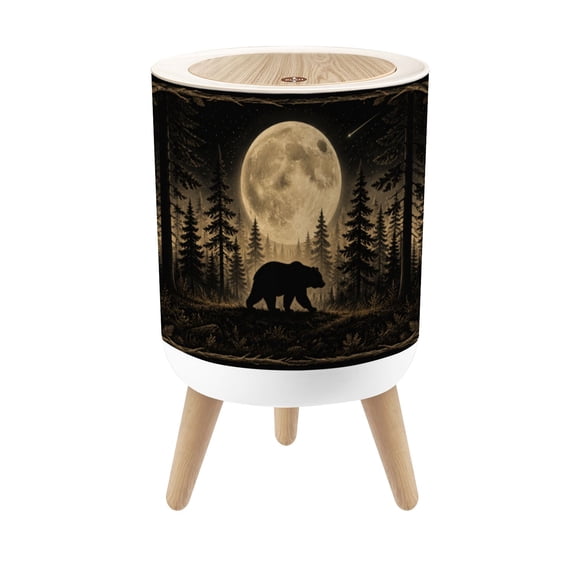 Small Trash Can with Lid Bear Silhouette Pine Forest Stippled Black ...