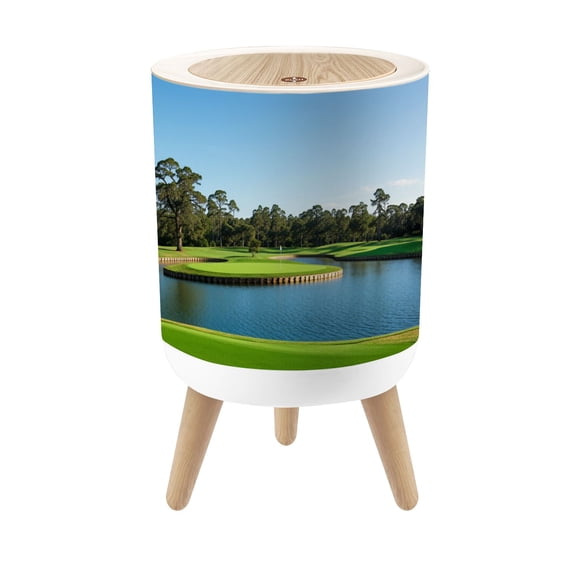 Small Trash Can with Lid Golf Course Water Greenery Clear Sky Smooth ...