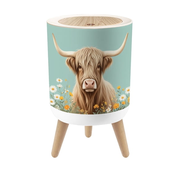 Small Trash Can with Lid Highland Cow Floral Accents Soft Pastel ...