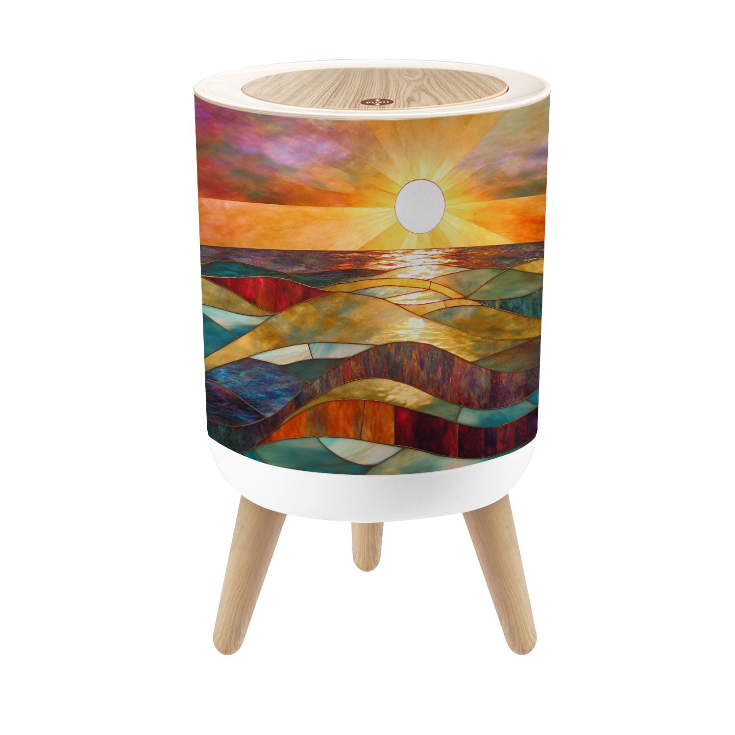 Small Trash Can with Lid Illuminated Stained Glass Sunset Sea Scene 1.8 ...