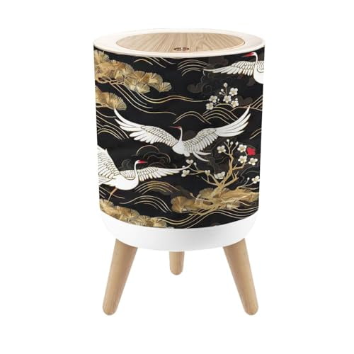 Small Trash Can with Lid Japanese seamless pattern crane birds elements ...